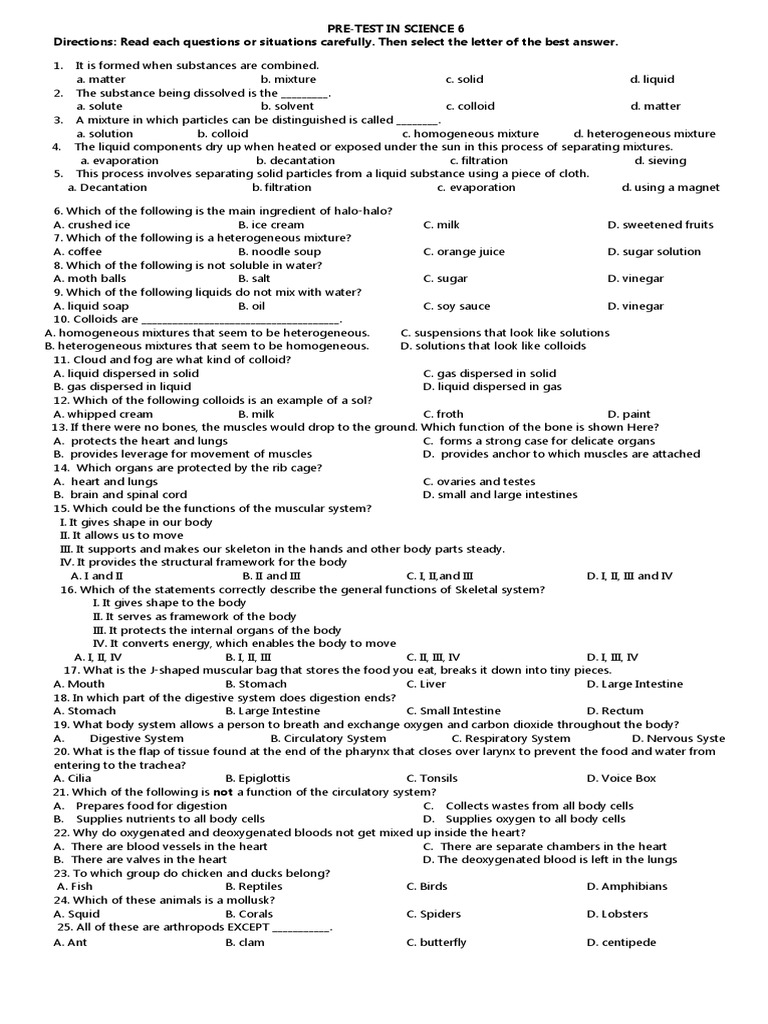 Pre Test Science Grade 6 | PDF | Mixture | Human Body