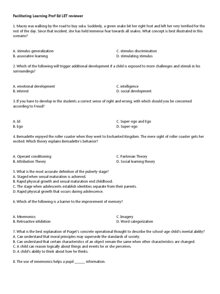 Facilitating Learning Prof Ed LET Reviewer | PDF | Learning | Child ...