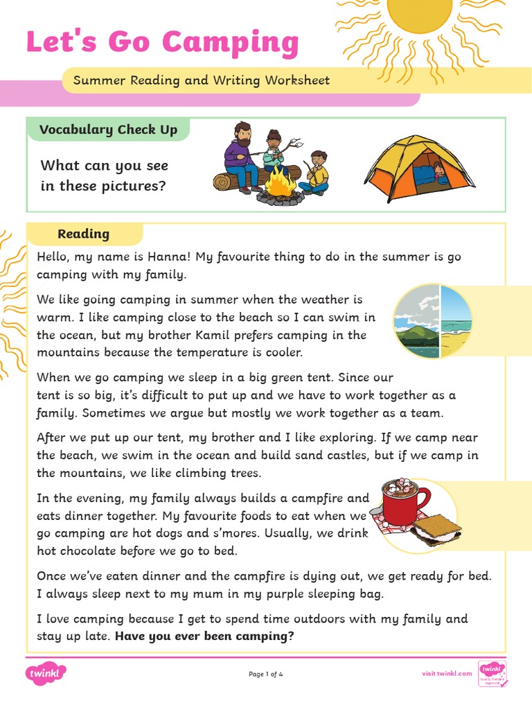 Summer Camping Reading & Writing Worksheet | PDF | Language Arts ...