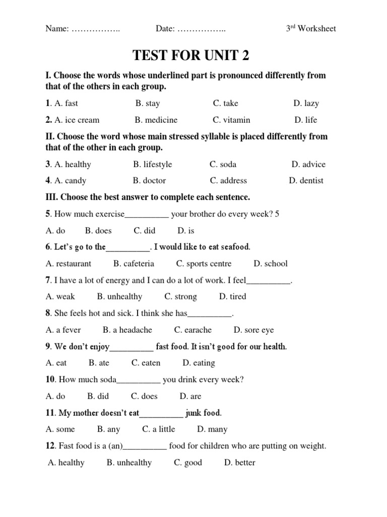 Test For Unit 2 | PDF | Determinants Of Health | Food And Drink