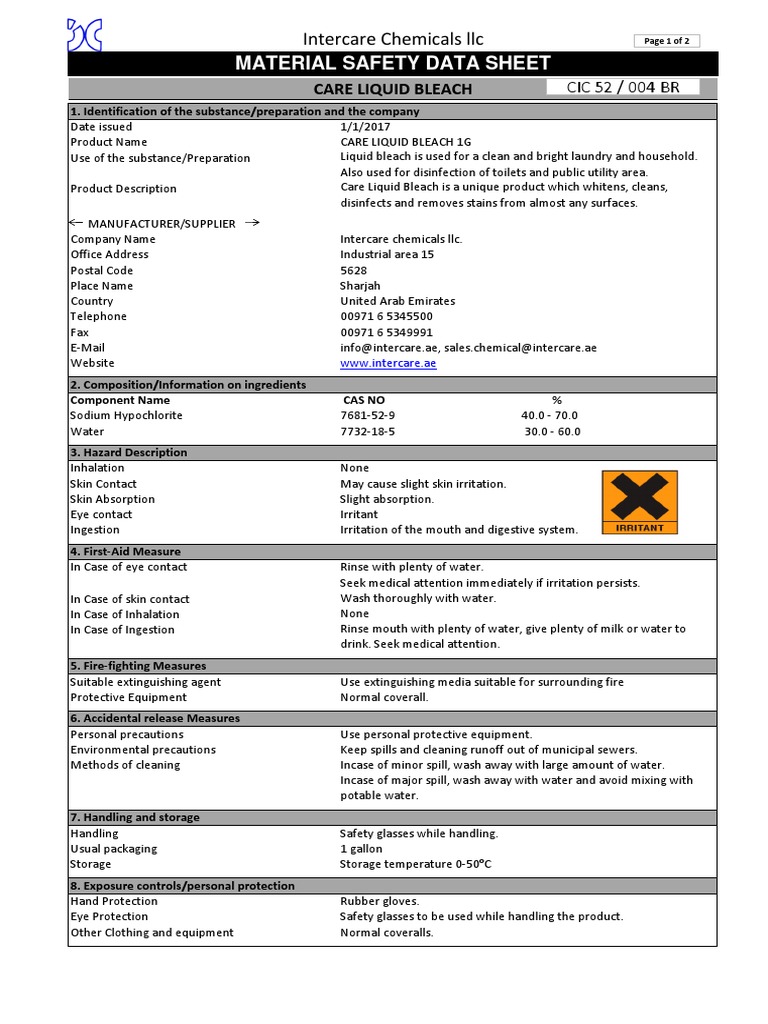 Intercare Liquid Bleach 3.78 Ltrs MSDS | Download Free PDF | Bleach | Water