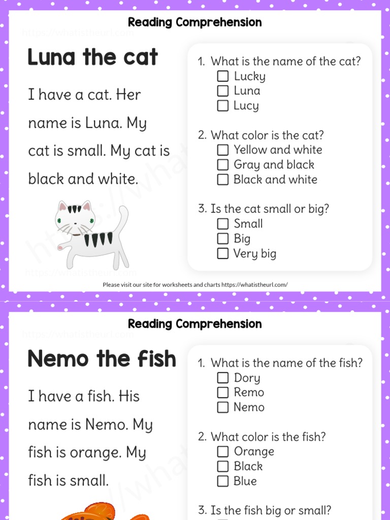 Luna The Cat Nemo The Fish Rabbit and Bird Reading Comprehension For ...
