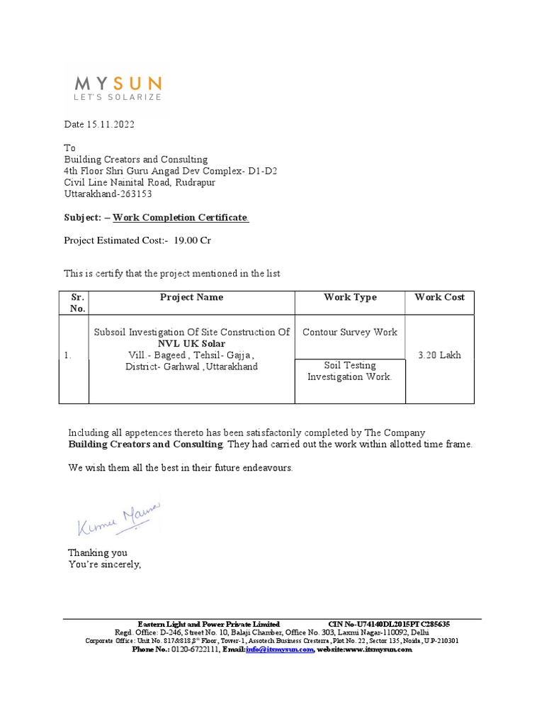 Work Completion Certificate for NVL UK Solar | PDF