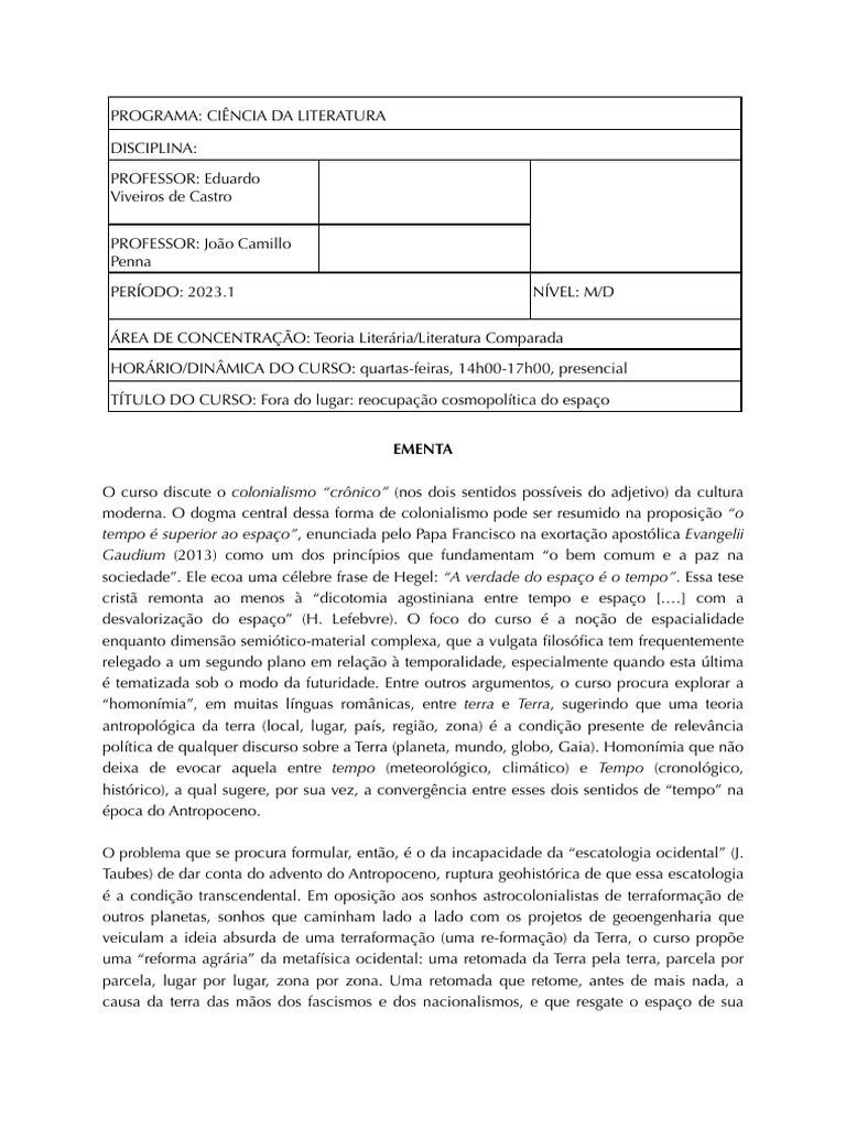 Ementa Curso Fora Do Lugar | PDF | Tempo