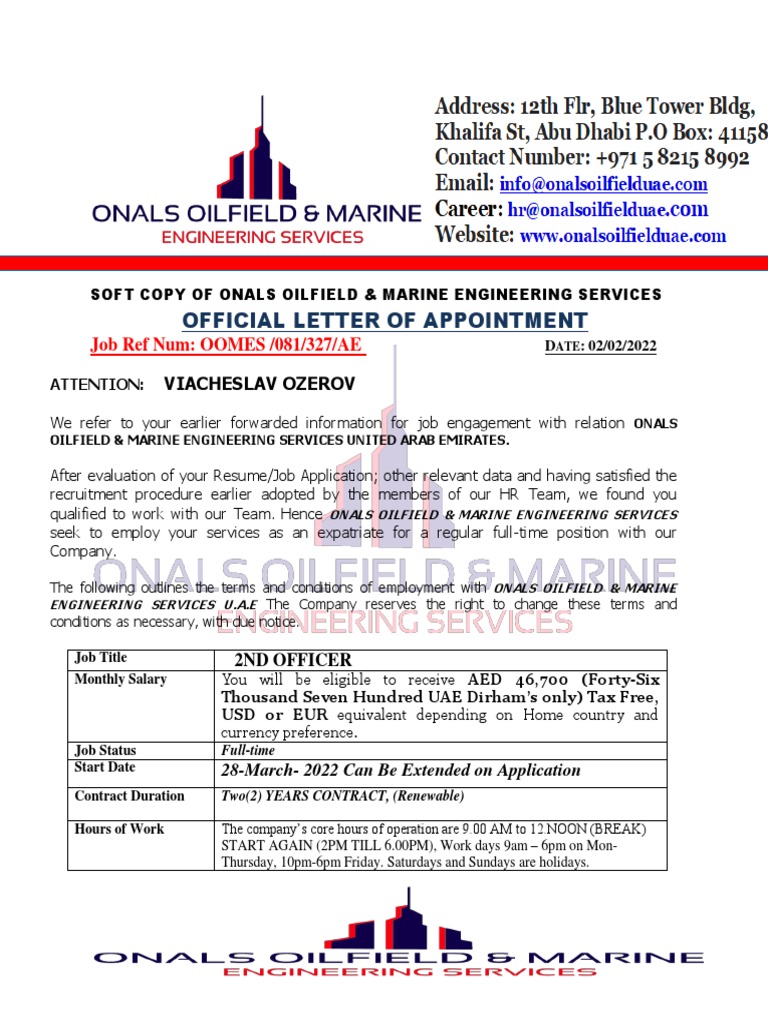 ONALS Oilfield Job Appointment Letter | PDF | Employment | United Arab ...