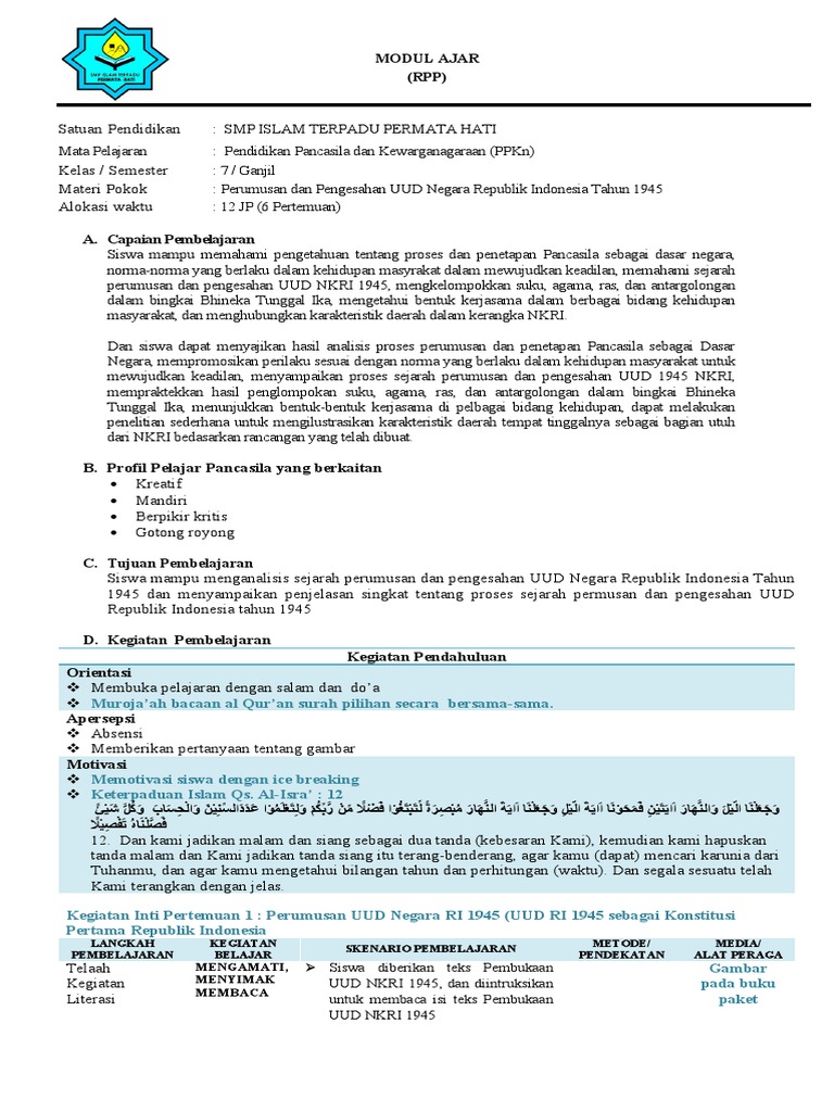 Modul Ajar BAB 3 (RPP) Kelas 7 | PDF