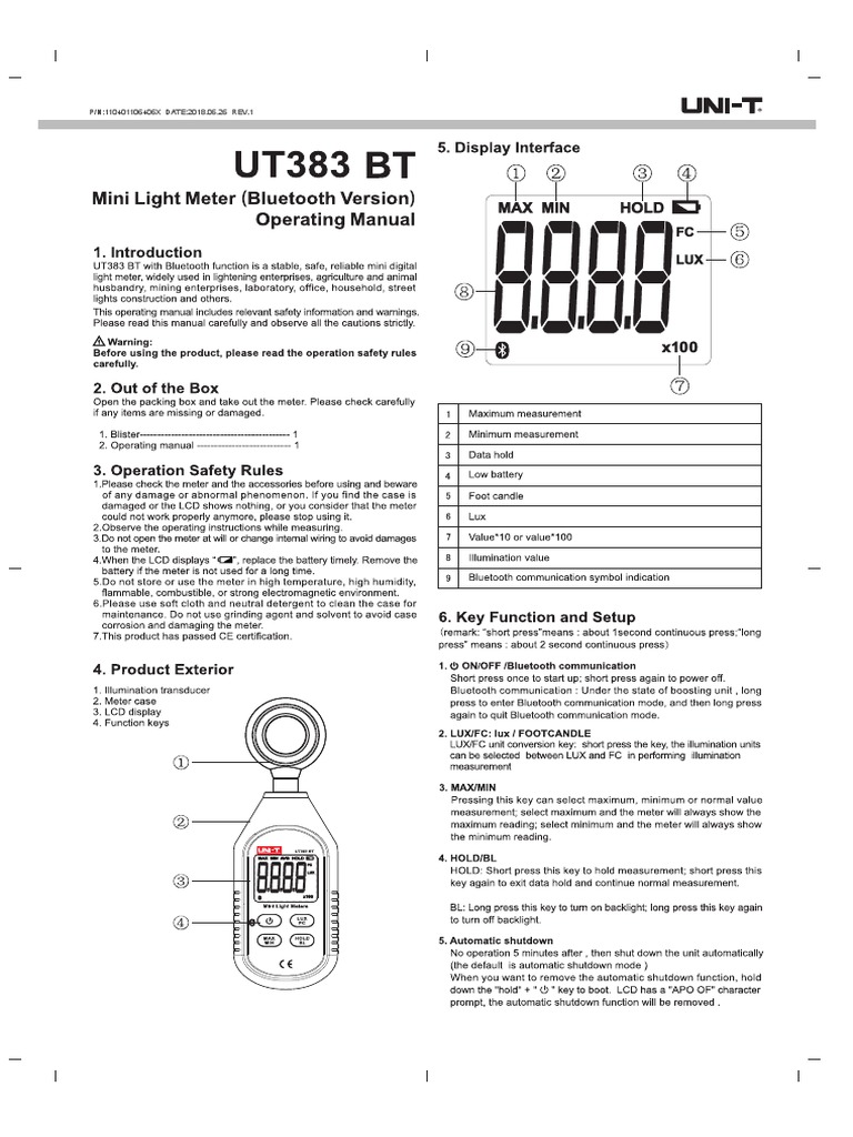 UNI-T Mini-Light Meter UT383BT-English-Manual | PDF
