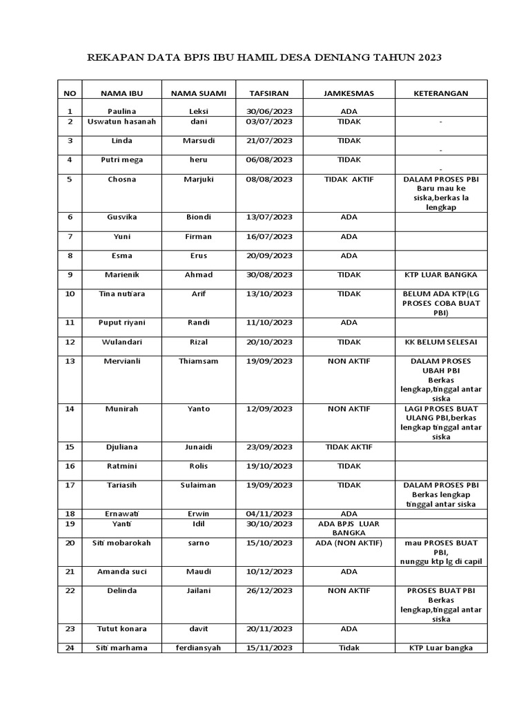 Rekapan Data BPJS Ibu Hamil PKM Riau Silip Tahun 2023 | PDF