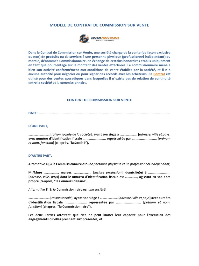 Modèle de contrat de commission vente | PDF | Arbitrage | Signature