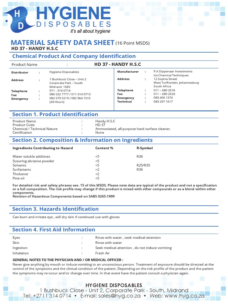 Material Safety Data Sheet: Chemical Product and Company Identification ...