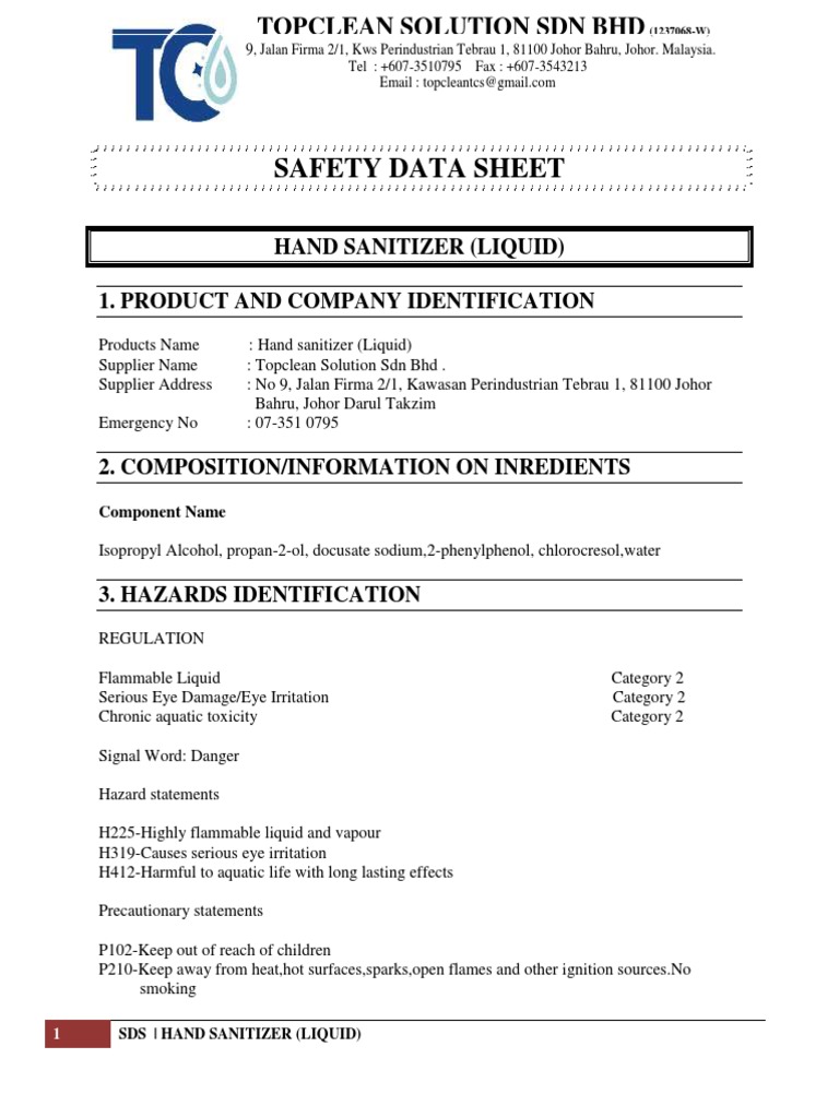 Hand Sanitizer Safety Data Sheet | PDF | Toxicity | Combustion
