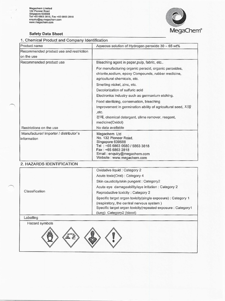 MSDS - Hydrogen Peroxide | PDF