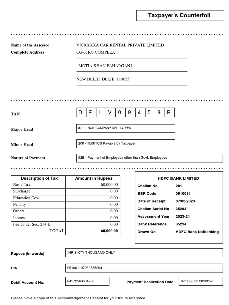TDS Challan 92-B Non-Company TDS February 2023 (Delhi) | PDF