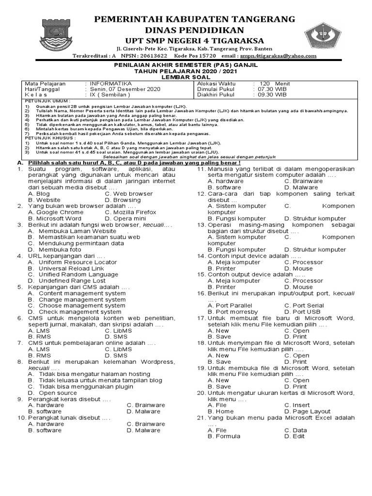 Informatika Kelas 9 Pas Ganjil TP 2020-2021 | PDF