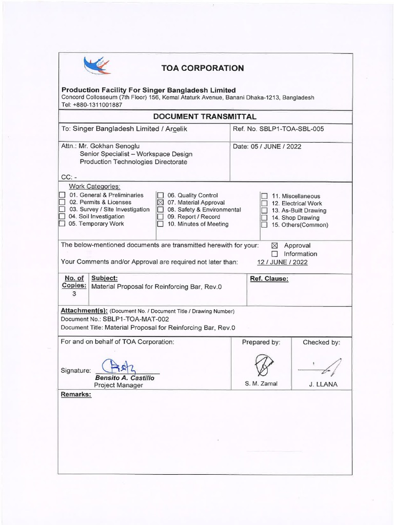 SBLP1-TOA-SBL-005-Material Proposal for Reinforcing Bar, Rev.0 | PDF