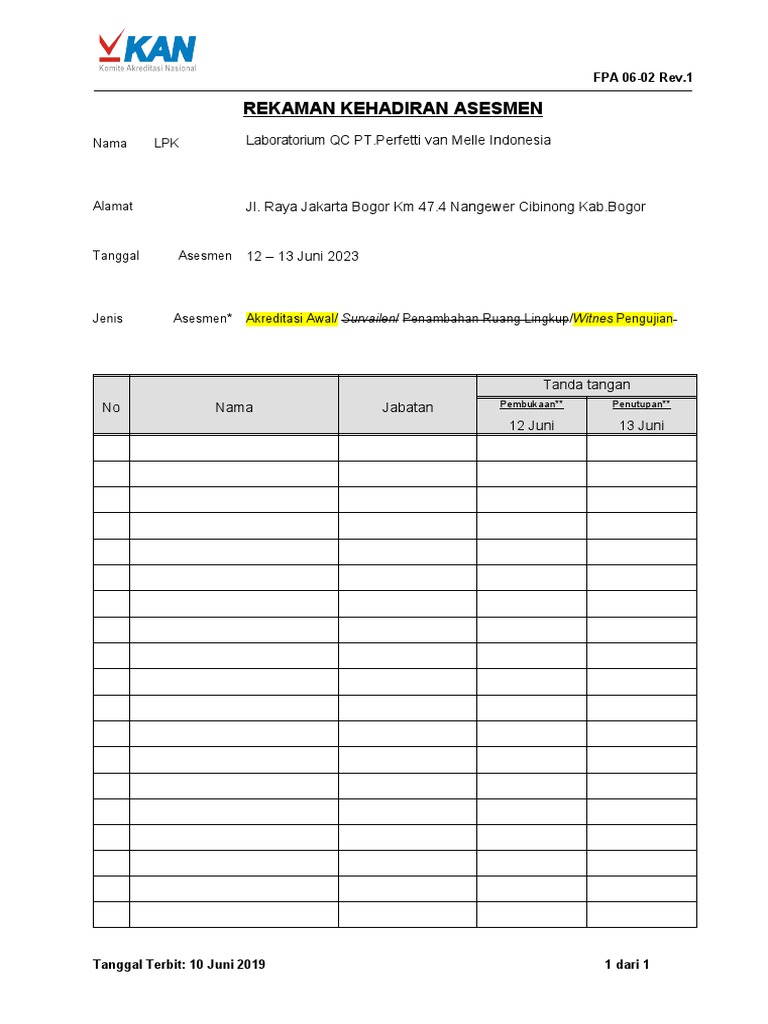 FPA 06-02 Rev.1 Rekaman Kehadiran | PDF