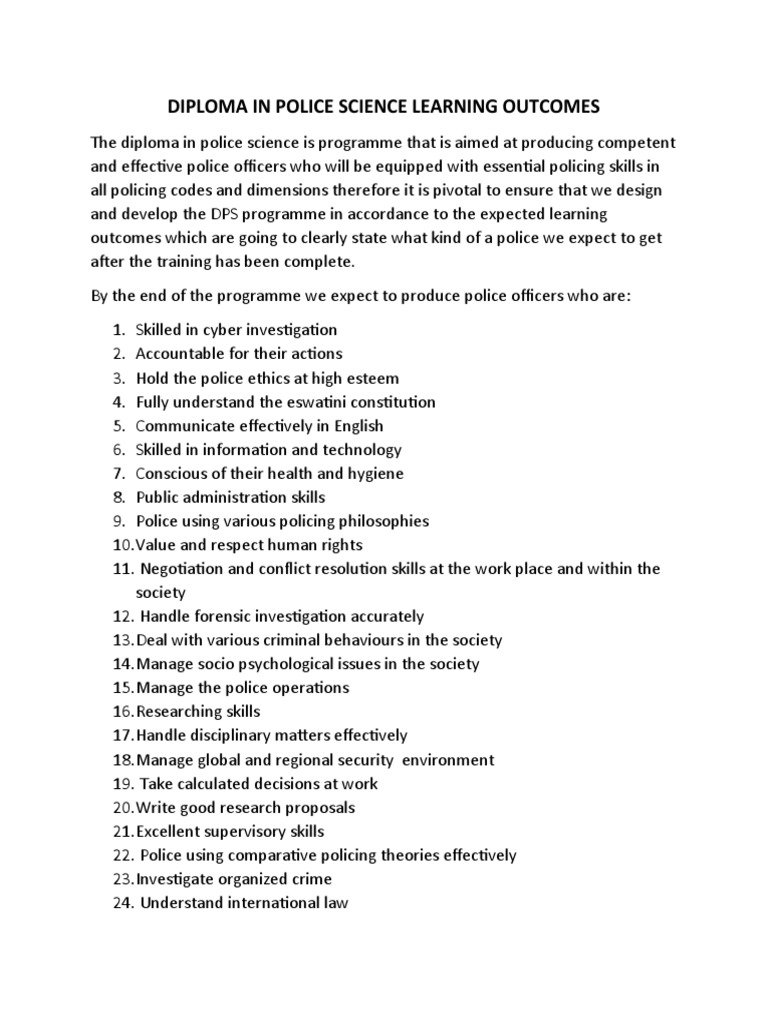 Diploma in Police Science Learning Outcomes | PDF