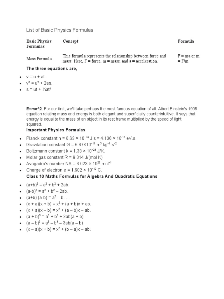 Basic Physics and Math Formulas | PDF | Science & Mathematics