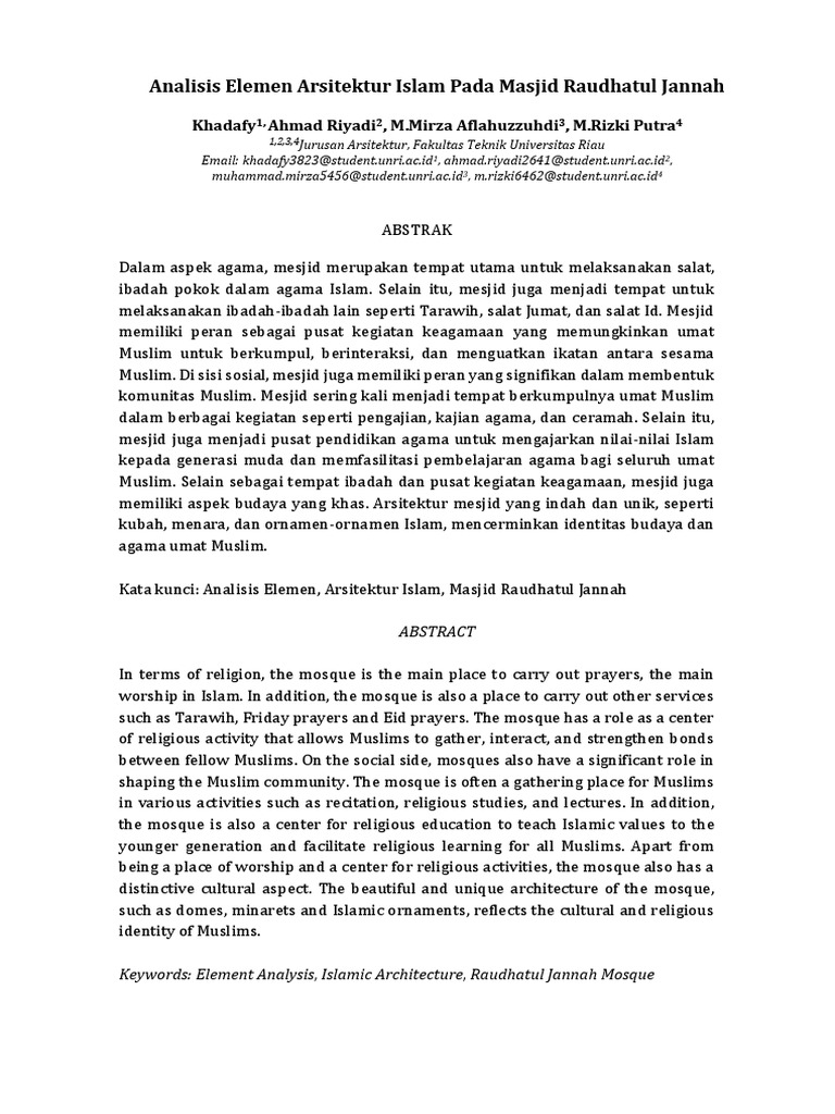 Analisis Elemen Arsitektur Islam Pada Masjid Raudhatul Jannah | PDF | Seni