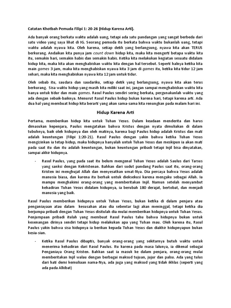 Catatan Khotbah Pemuda (Filipi 1 - 20-26) | PDF