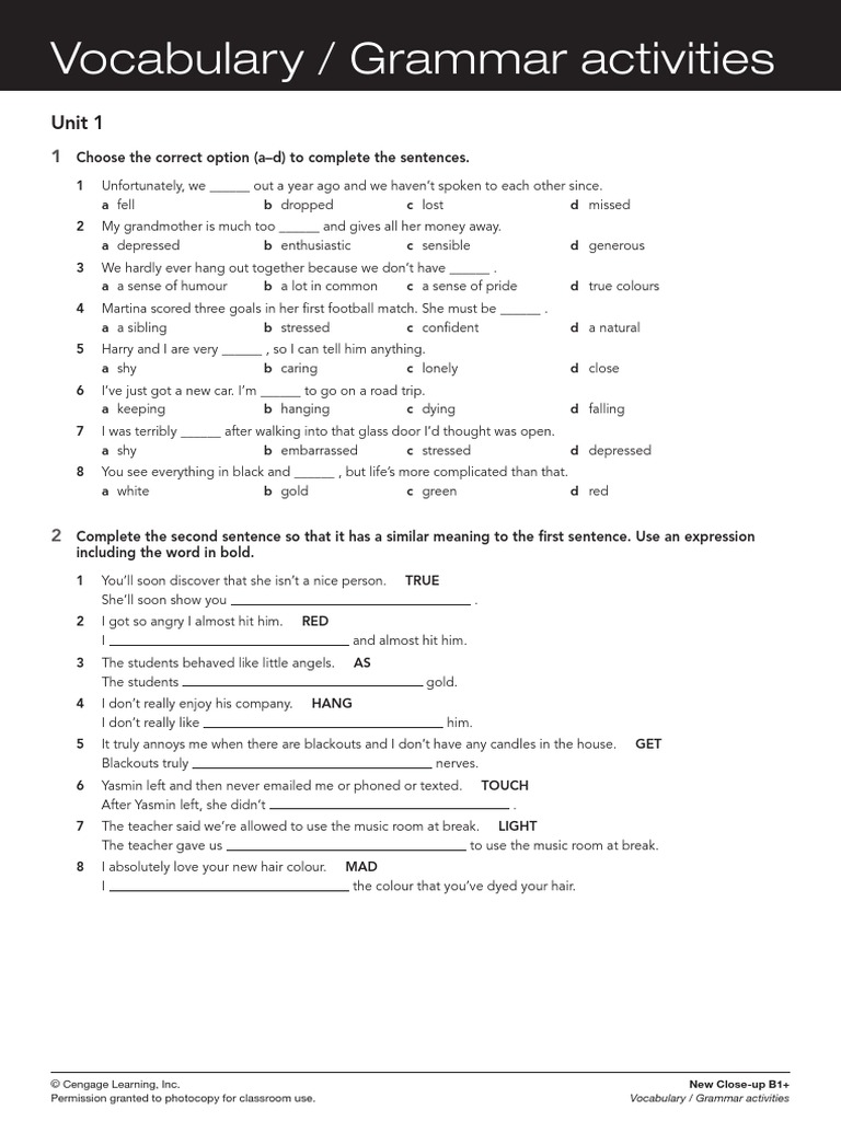 B1+ - Extra Vocabulary and Grammar Activities - Unit 1 | PDF | Linguistics