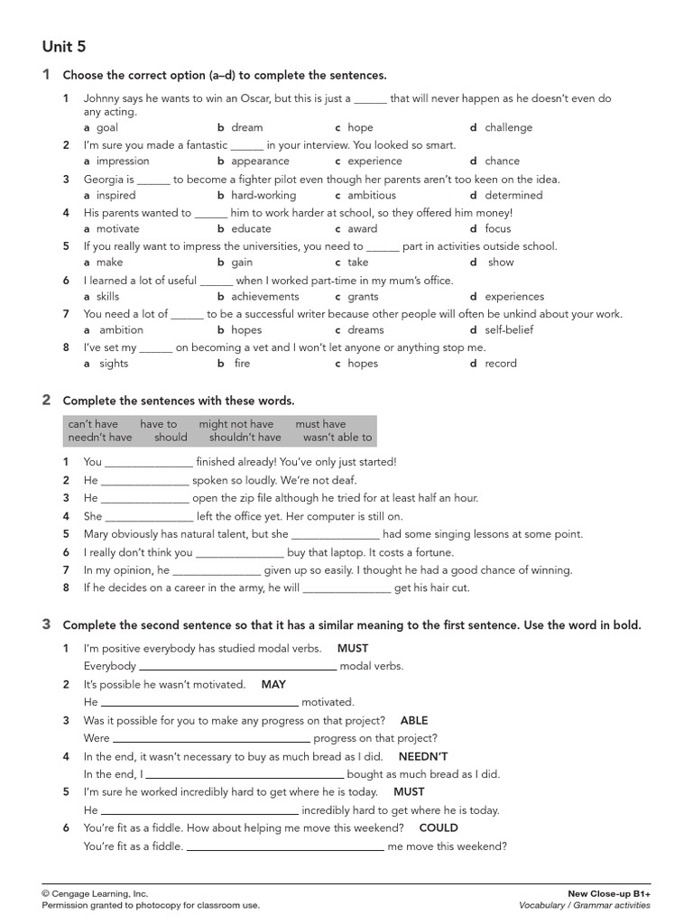 B1+ - Extra Vocabulary and Grammar Activities - Unit 5 | PDF | Cognition | Linguistics