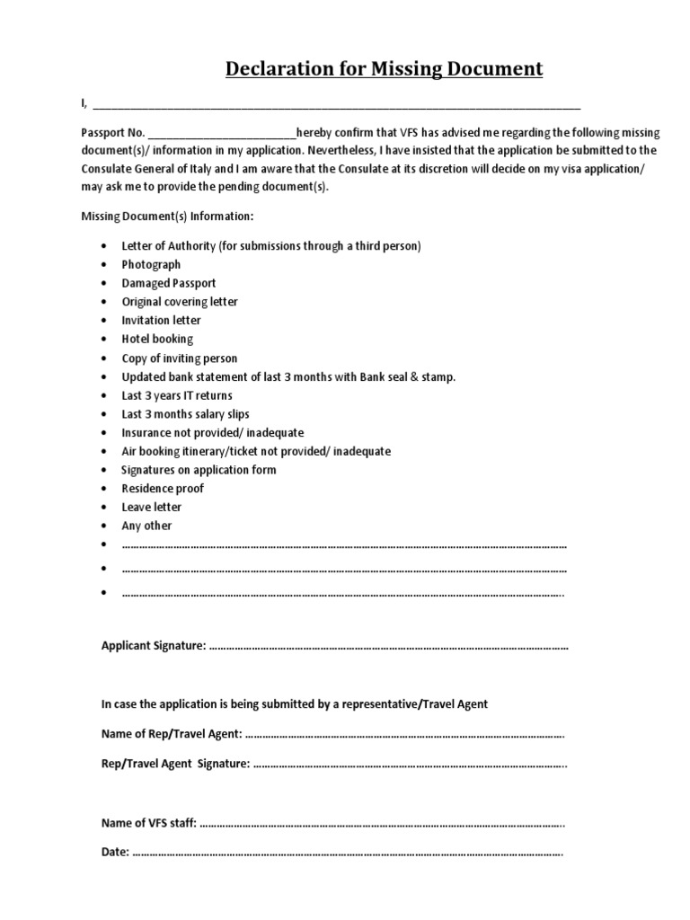 Declaration For Missing Document | PDF