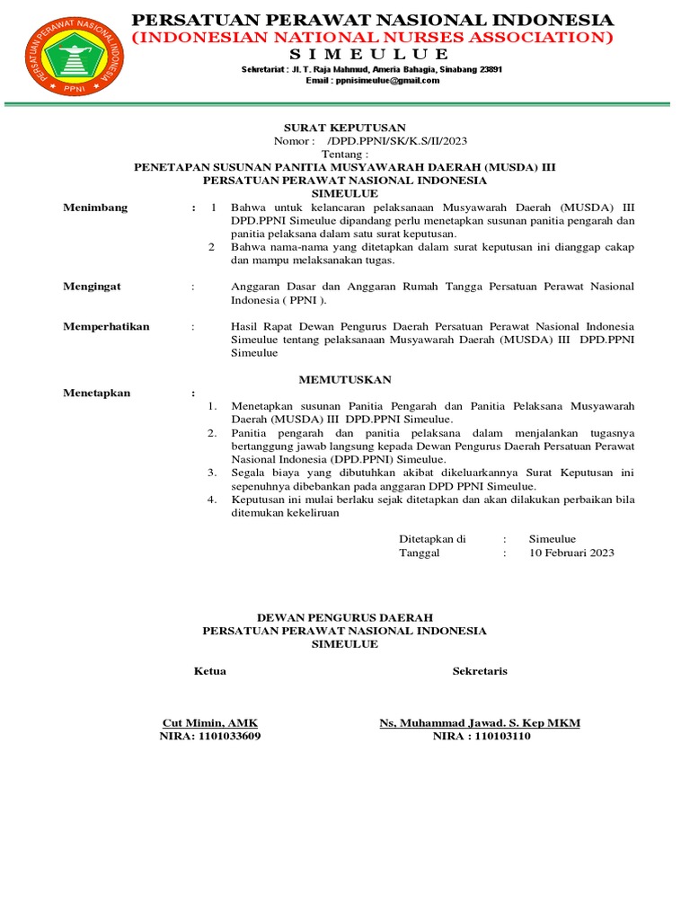 SK Panitia Musda III PPNI SIMEULUE Aceh | PDF