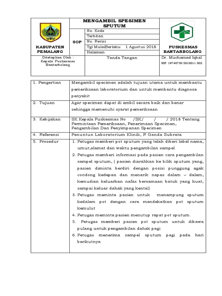 SOP Pengambilan Spesimenn Sputum | PDF