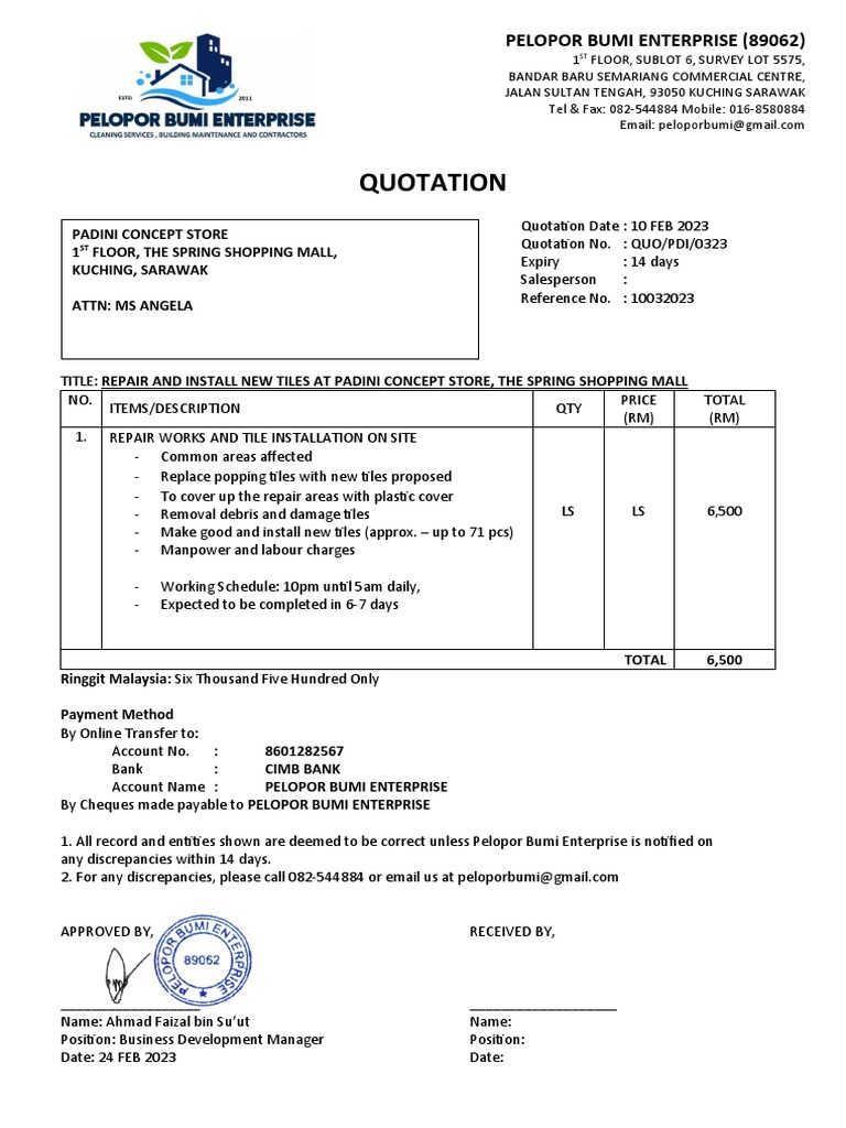 Quotation Repair and Install Tile Padini Store | PDF | Banking | Business