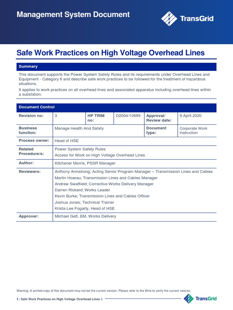 Safe Work Practices On High Voltage Overhead Lines GD SR g3 162 | PDF ...