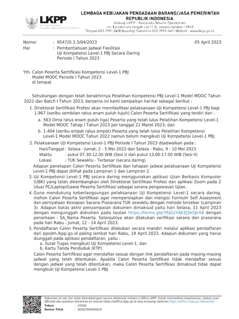 Jadwal Uji Kompetensi PBJ Daring 2023 | PDF