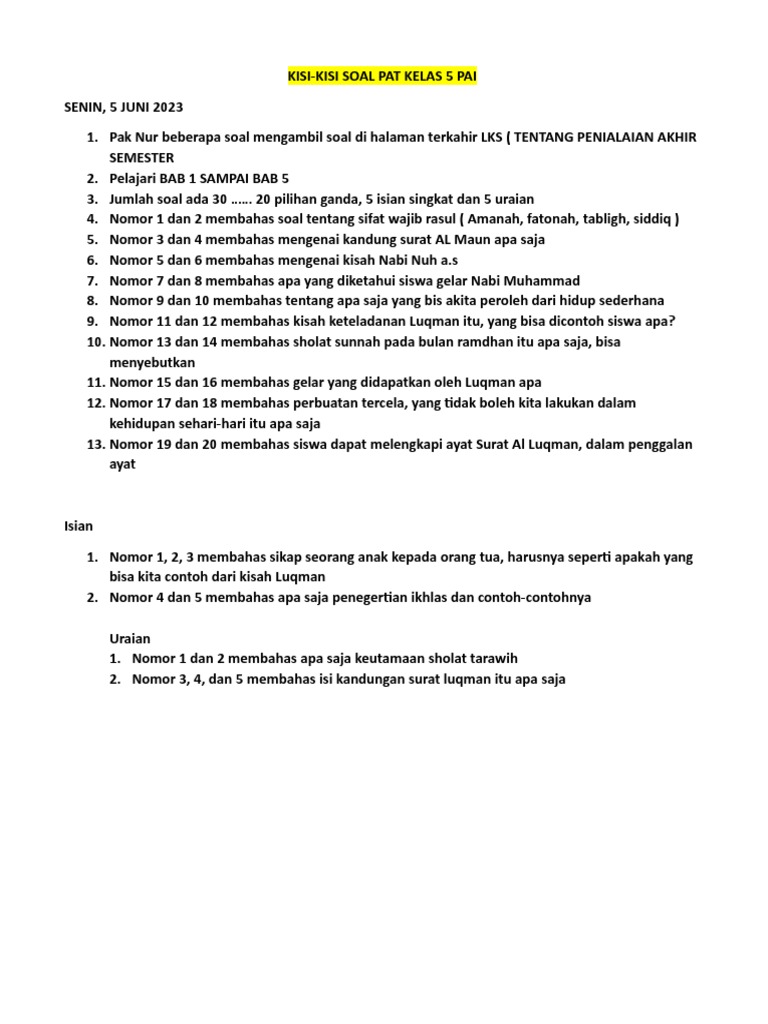 KISI-kisi PAT Kelas 5 PAI 2023 | PDF