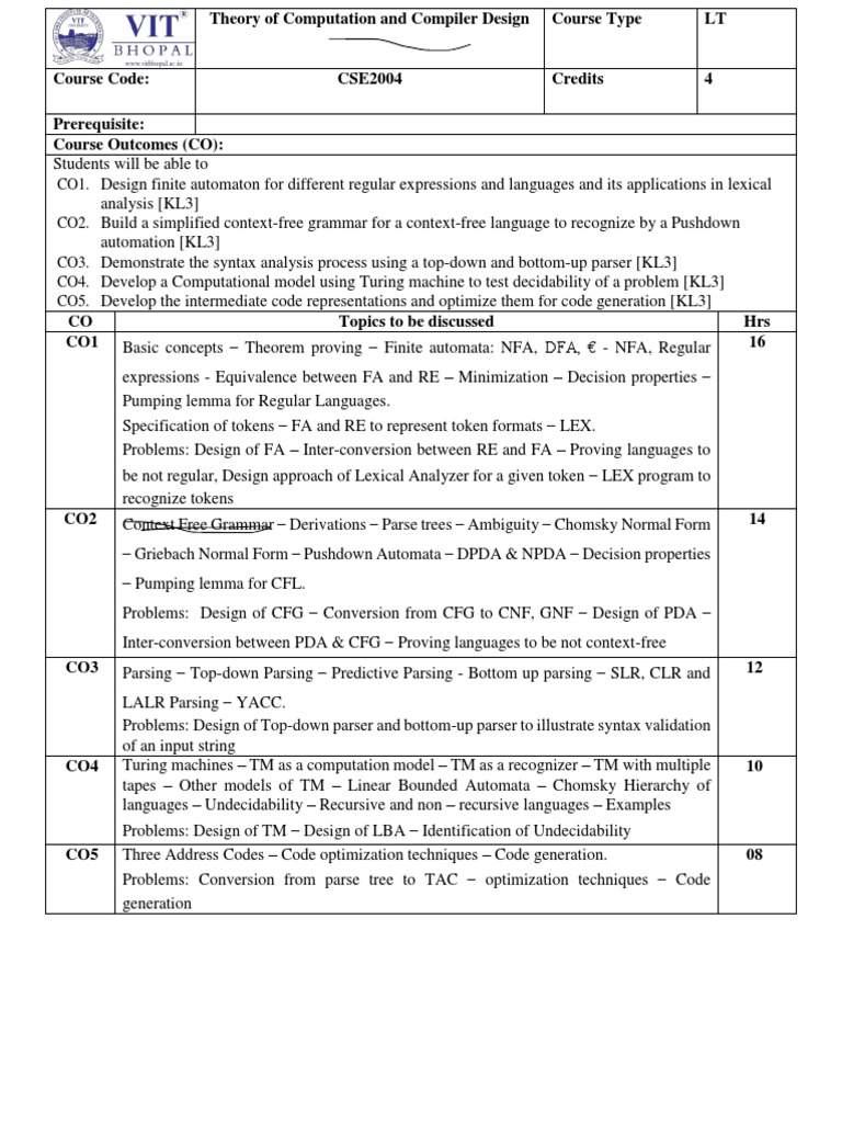 Cse2004 Theory Of Computation And Compiler Design Lt 10 1 Cse2004 4421