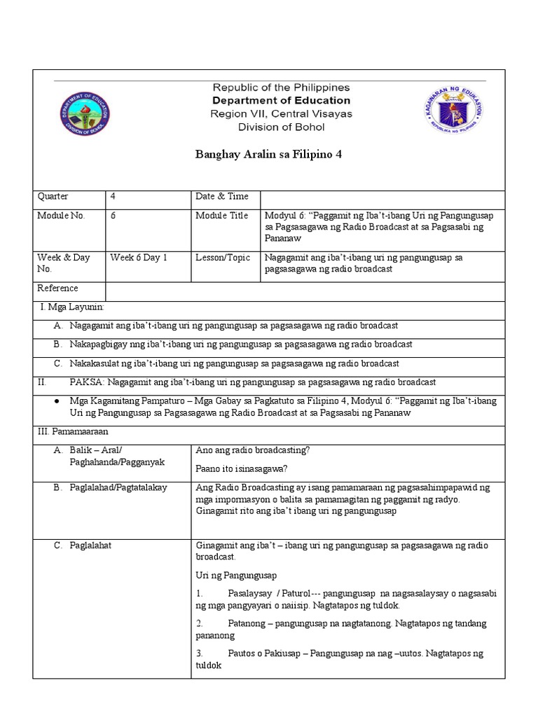 DLG Filipino 4 Week 6 DAY 1 | PDF