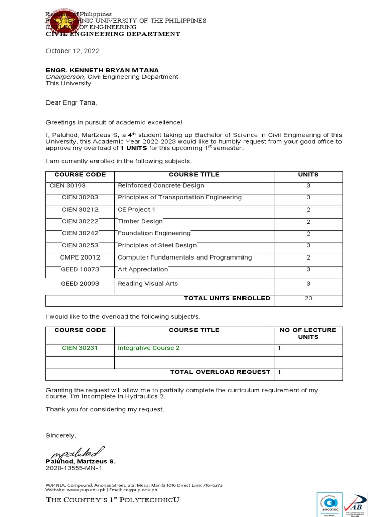 Sample Overload Letter | PDF | Institute Of Technology | Civil Engineering