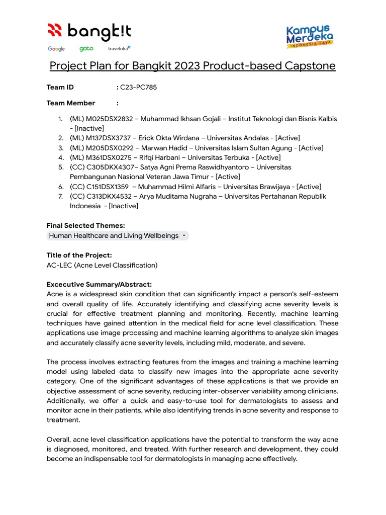 Project Plan for Bangkit 2023 Product-based Capstone Team C23-PC785 | PDF
