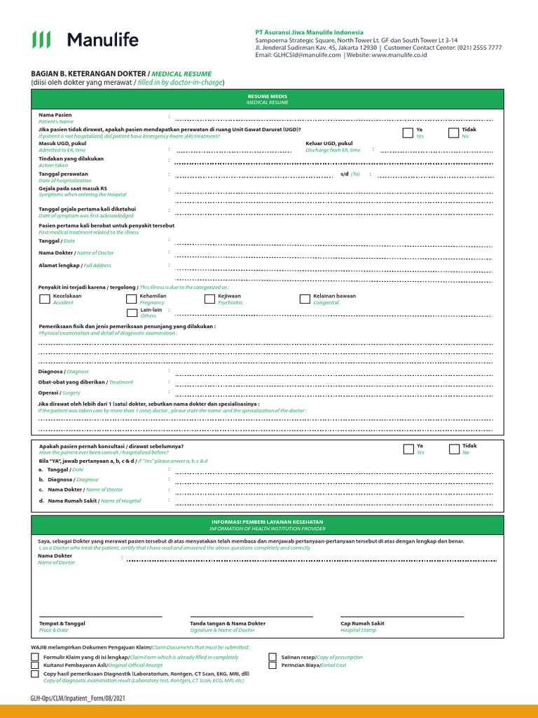 FORMULIR RAWAT INAP - 230414 - 112610 - Manulife | PDF