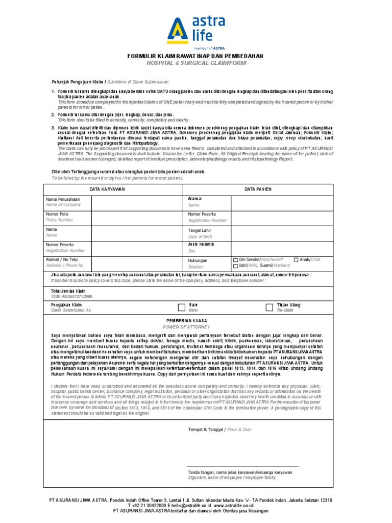 Asuransi Astra Form Rawat Inap | PDF