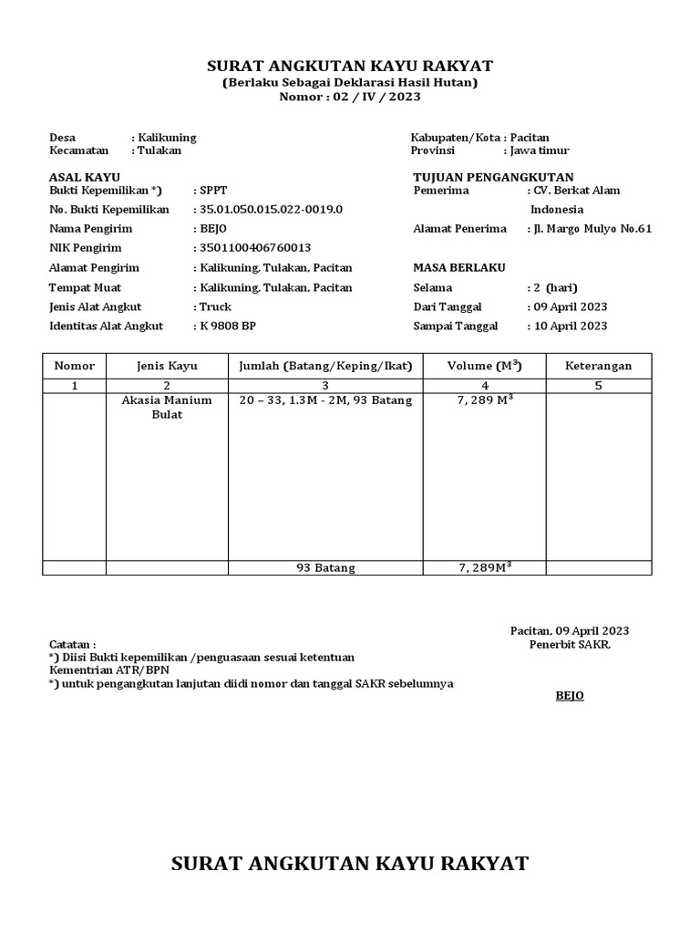 Surat Angkutan Kayu Rakyat | PDF