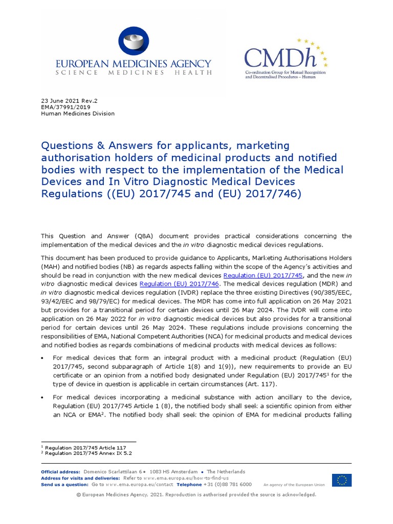 EMA-37991-2019 Q&A Medicinal Prod Vs MDR-IVMDR | PDF | Medical Device ...