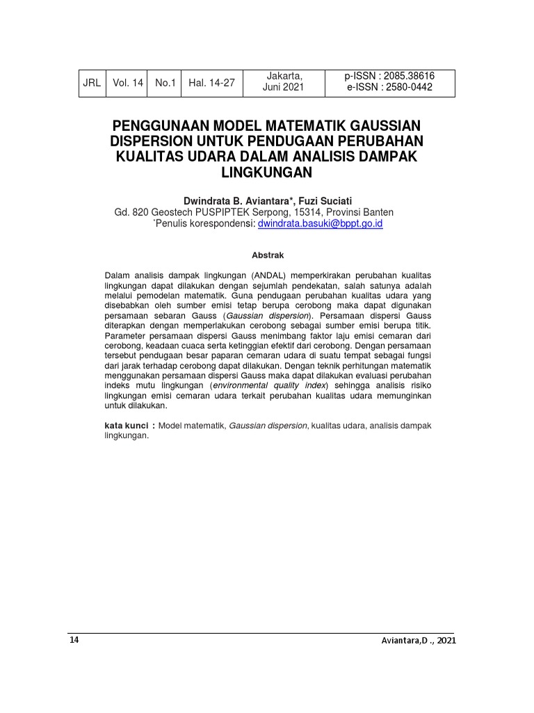 Penggunaan Model Matematik Gaussian Dispersion Untuk Pendugaan ...