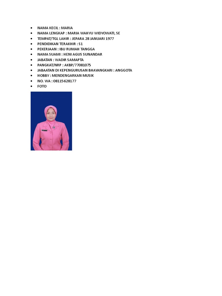 Biodata Bhayangkari Maria Wahyu | PDF