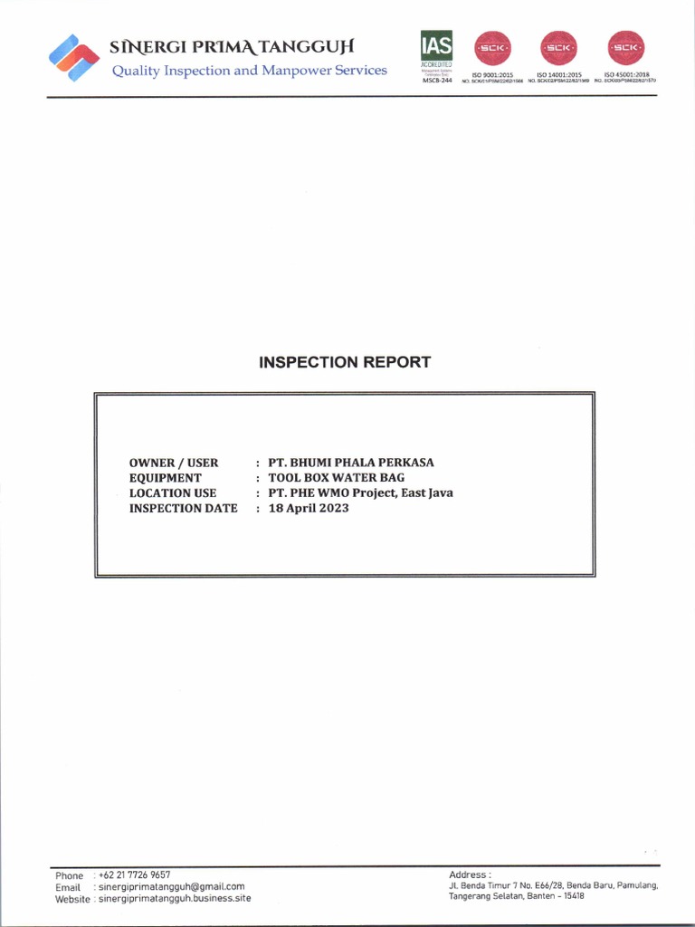 Report No. 001-CCU-SPT-022-23 Tool Box Water Bag (SN. BPP-TBW-006) PT. Bhumi Phala Perkasa | PDF