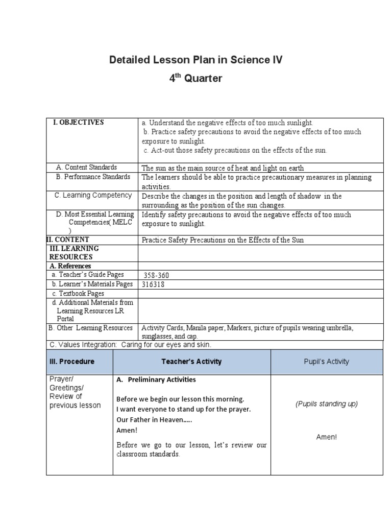Sun Safety Lesson Plan for Grade 4 | PDF | Teachers | Sunglasses