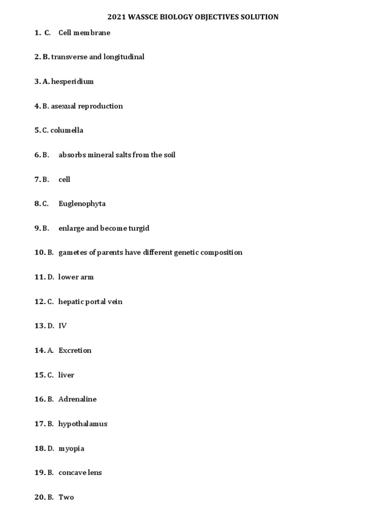 2021 Wassce Biology Objectives Solution | PDF