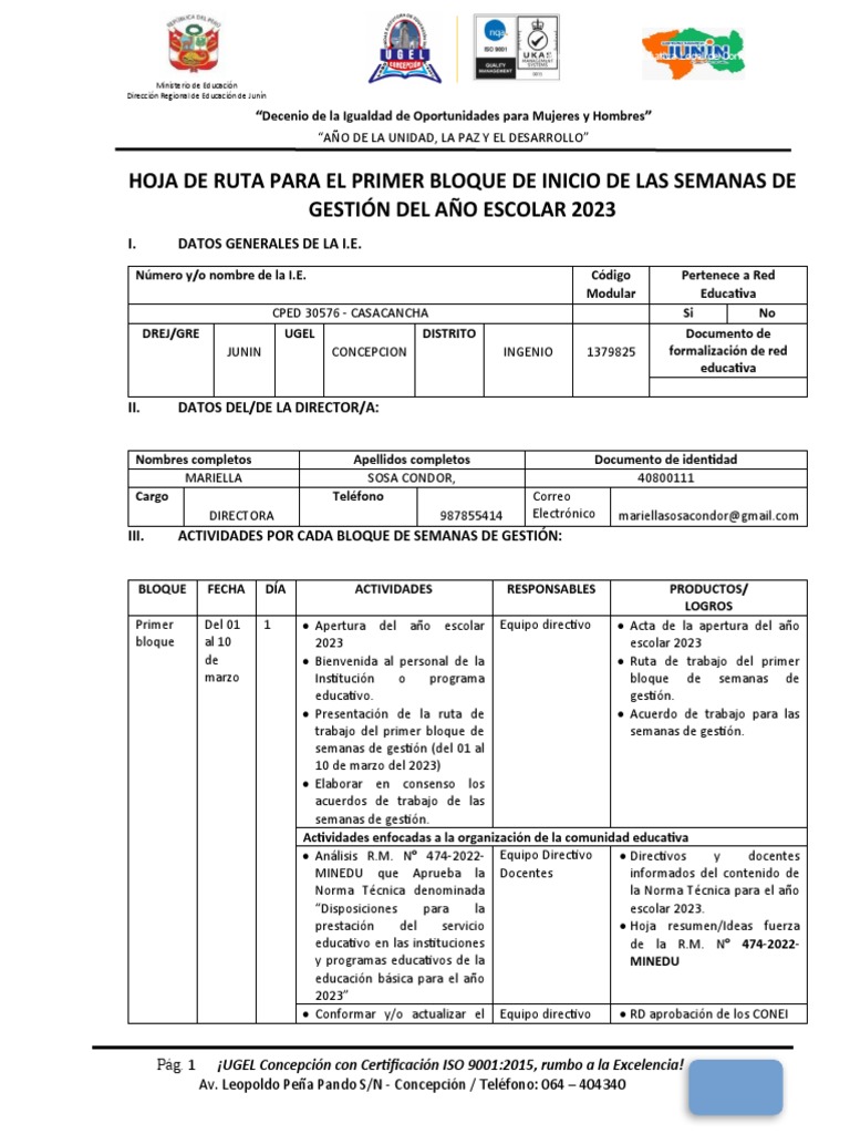 Hoja de Ruta para El Primer Bloque de Inicio de Las Semanas de Gestión Del Año Escolar 2023 ...