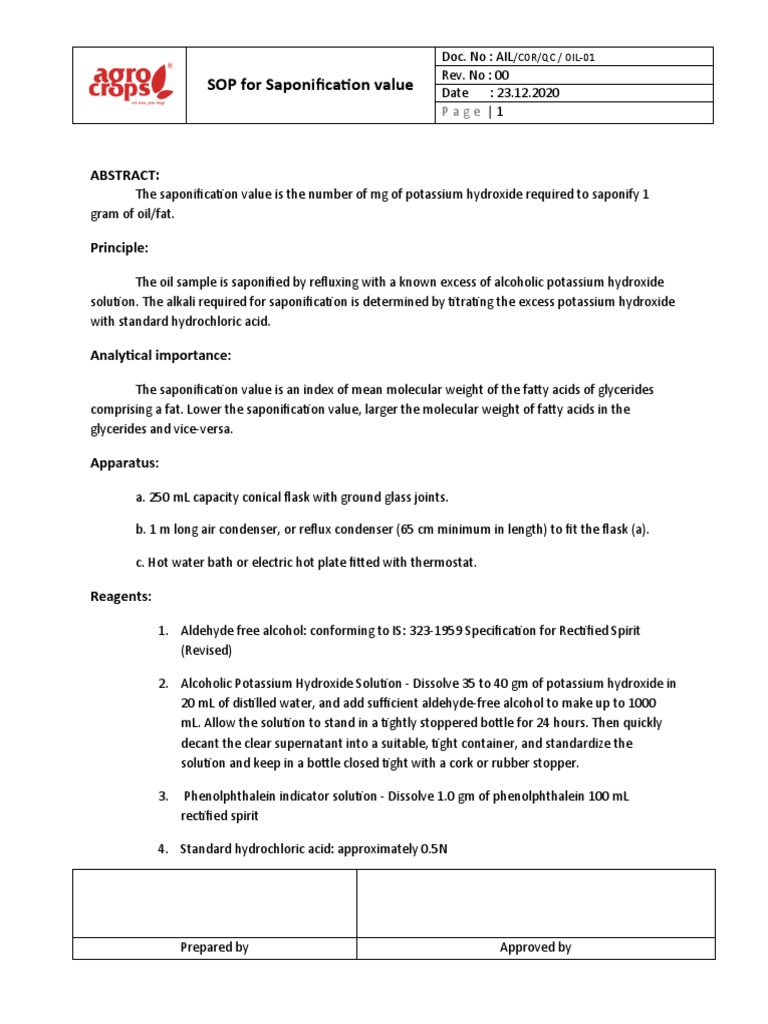 Saponification Value SOP | PDF | Titration | Chemistry