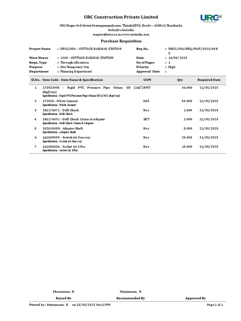 URC Construction Private Limited: Purchase Requisition | PDF