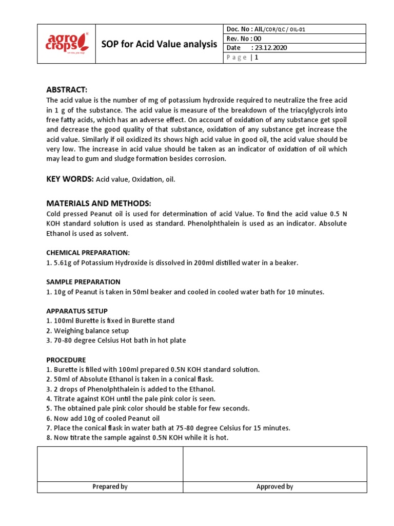 Acid Value SOP | PDF | Titration | Chemistry